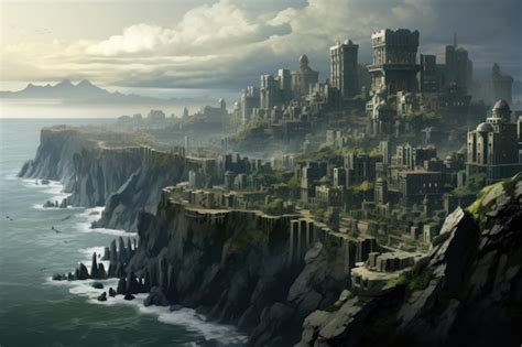 Ancient Coastal Cityscape Illustration Premium Ai Generated Image