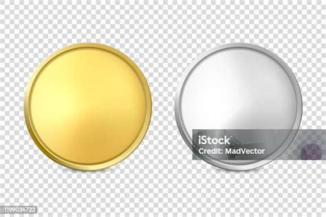 벡터 3d 현실적인 빈 황금과 은색 금속 동전 또는 메달 아이콘은 투명 배경에 격리 닫닫기 설정합니다 디자인 템플릿 금 돈의