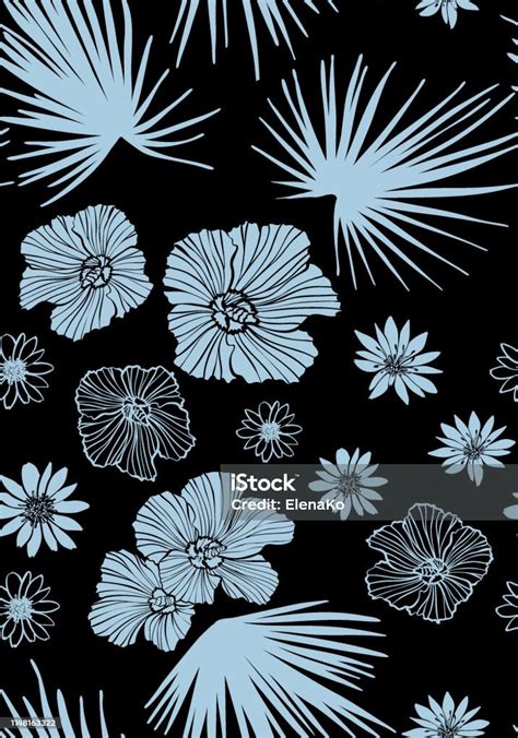 꽃 디자인 원활한 배경 패턴입니다 야자수 잎 히 비 스커 스 꽃 벡터 일러스트 레이 션 손으로 그린 0명에 대한 스톡 벡터 아트 및 기타 이미지 Istock