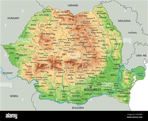 High Detailed Romania Physical Map With Labeling Stock Vector Image