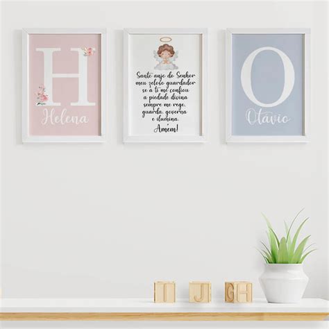 Quadro para Quarto de Irmãos Inicial Nomes e Santo Anjo