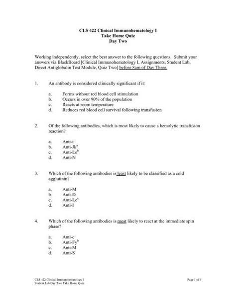 Cls 422 Clinical Immunohematology I Take Home Quiz Day Two