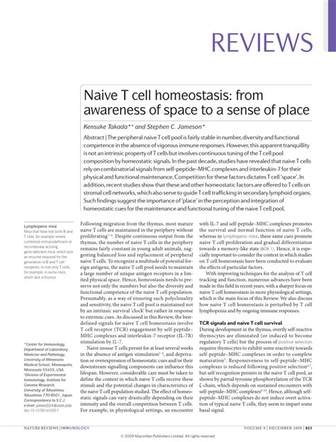 Pdf Naive T Cell Homeostasis From Awareness Of Space To A Sense Of Place