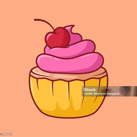 핑크 채우기와 체리 일러스트 만화 낙서 평면 다채로운 라인 아트 벡터 디자인 고립 된 개체 아이콘과 벡터 귀여운 컵 케 익 귀여운에 대한 스톡 벡터 아트 및 기타 이미지