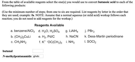 Solved From The Table Of Available Reagents Select The Chegg