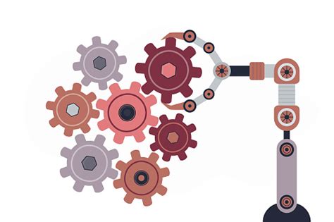 자동화 기계 학습 및 기계 지능 개념 인공 지능 로봇 손 기계 기계 잡고 기어를 넣습니다 산업 혁신 매니퓰레이터 암 개발에 대한 스톡 벡터 아트 및 기타 이미지 Istock