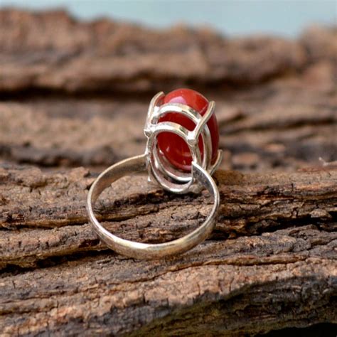 Red Coral Gemstone Ring 925 Sterling Silver Ring Unisex Etsy