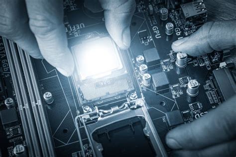 Hand Installing The Computer Chip Stock Image Image Of Information Engineer 49469377