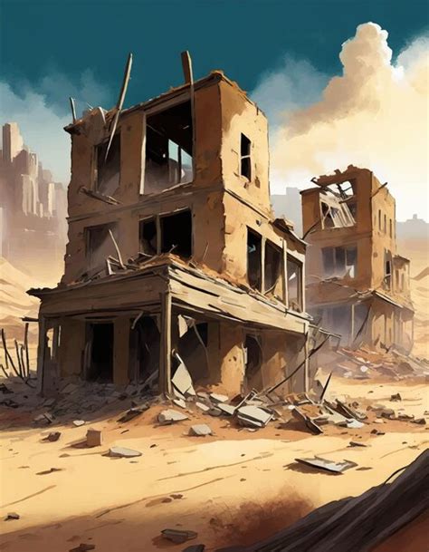 자연 재해 후 파괴 된 건물 들 이 버려진 집 들 이 사막 의 그림 에 그려져 있다 프리미엄 벡터