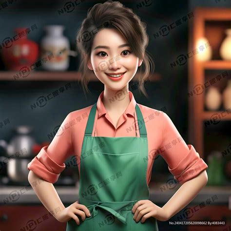 Ai创作图带围裙 微笑年轻时尚厨娘立体卡通人物 立体卡通形象 不要眼镜的传统形象 昵图网
