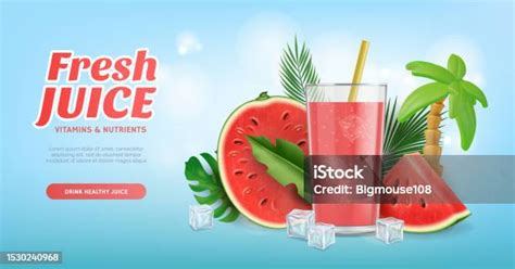 현실적인 상세한 3d 수박 신선한 주스 광고 배너 개념 포스터 카드입니다 벡터 전단지에 대한 스톡 벡터 아트 및 기타 이미지 전단지 칵테일 파티 0명 Istock