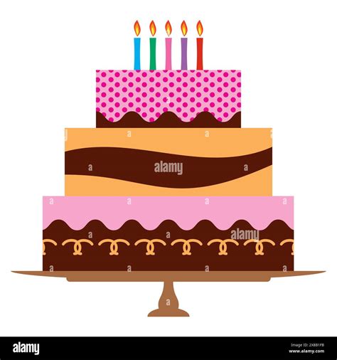 Sweet Birthday Cake With Five Burning Candles Colorful Holiday Dessert