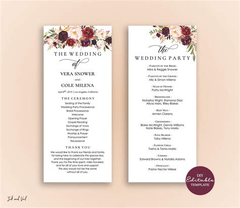 Editable Wedding Program Template Order Of Ceremony Template Etsy
