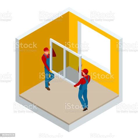 집 또는 아파트 개념에서 Windows의 아이소메트릭 설치 파란색 작업복에 두 노동자 창 프레임에서 새 창을 설정합니다 건설