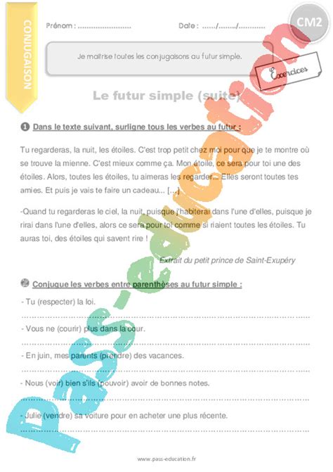 Futur de l indicatif CM2 Exercice évaluation révision leçon pdf à