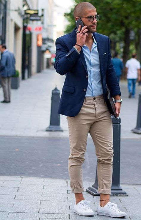 Light Blue Shirt Navy Blazer Khaki Chinos White Sneakers