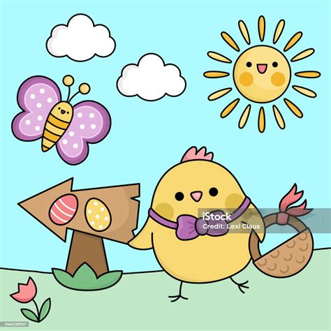 벡터 카와이 부활절 장면에는 병아리와 바구니가 있다 봄 만화 그림입니다 화살 나비 꽃을 가진 아이들을 위한 귀여운 휴일 달걀