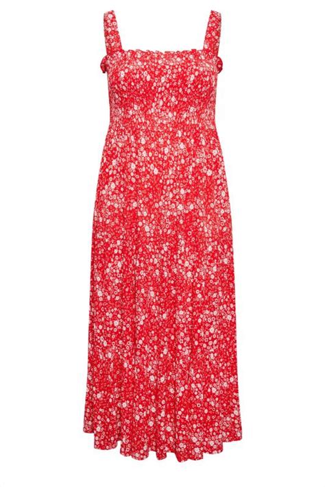 YOURS Plus Size Red Ditsy Floral Print Shirred Maxi Dress Yours Clothing