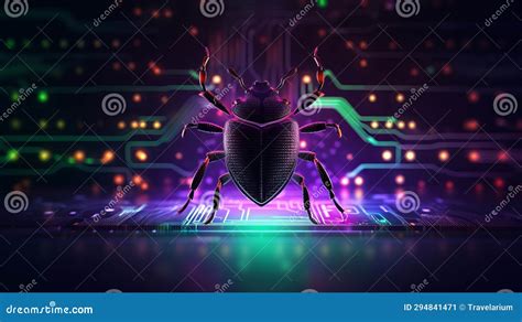 Neon Glowing Computer Bug Perched On Microchip Symbolizing Threat Of Software Bugs Stock Image