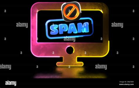 Looping Neon Glow Effect Computer Screen Icon Beware Of Spam Scammers Black Background Stock