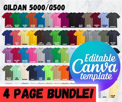 Editable Gildan 5000 Color Chart And Size Chart Canva Template G500