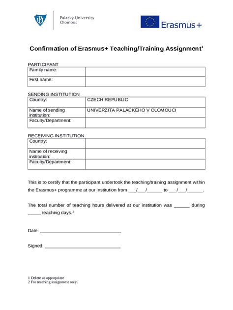 Confirmation Of Erasmus Teaching Assignment Sta Doc Template Pdffiller
