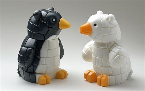 A Black And White Penguin And Polar Bear Made Of Square Blocks