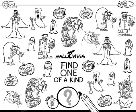 할로윈 테마 캐릭터 색칠하기 책이있는 어린이를위한 종류의 그림 교육 게임 중 하나를 찾는 흑백 만화 그림 게임 할로윈 의 Png 일러스트 및 벡터 에 대한 무료