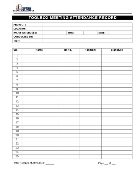 Toolbox Meeting Attendance Record Pdf