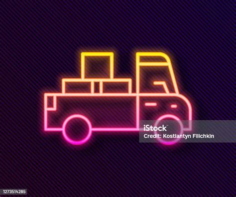 發光霓虹燈線交付卡車與紙板箱背後的圖標隔離在黑色背景向量向量圖形及更多交通方式圖片 交通方式 光 剪裁圖 Istock