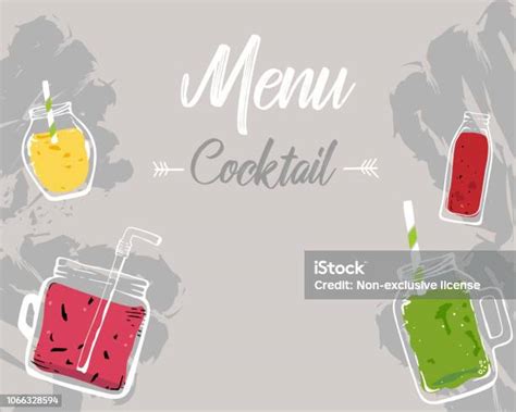 메뉴입니다 칵테일 신선한 주스 병에 음료 녹색 스무디 또는 해독 Drinkvector Illustrationfor 레스토랑 카페
