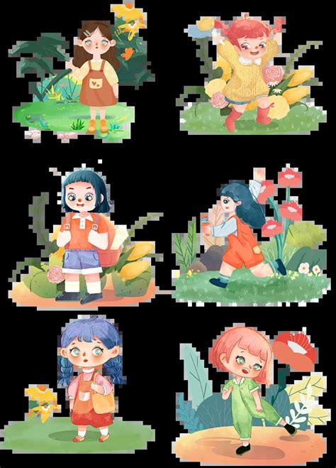 卡通春季春游踏青春天手绘花卉插画叶子草地黄土地小草小石头手绘儿童女孩 花瓣网