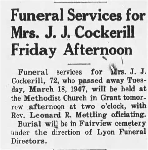Funeral For Mrs J J Cockerill