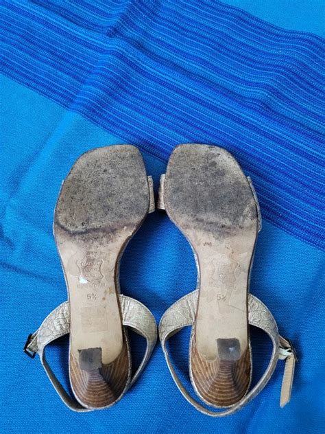 Vintage Women Golden Beige Leather Croc Sandals Heel Gem