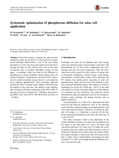 Pdf Systematic Optimization Of Phosphorous Diffusion For Solar Cell