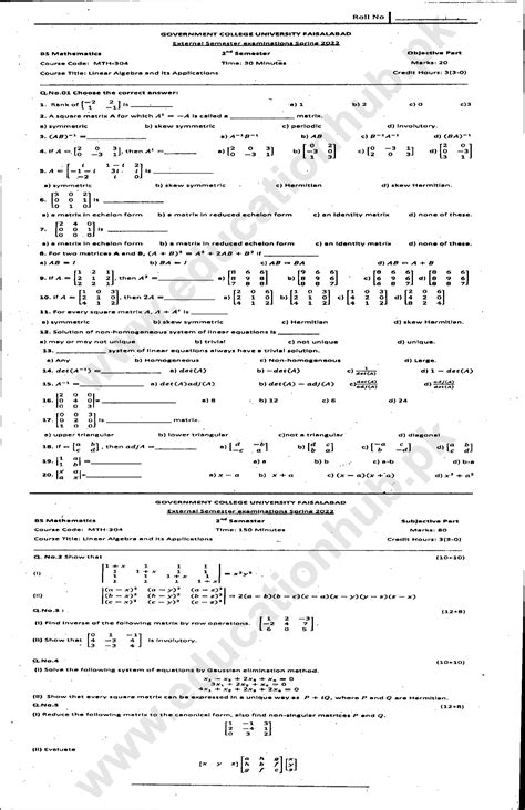 Mth 304 Linear Algebra And Its Applications Bs Math Gcuf Past Paper