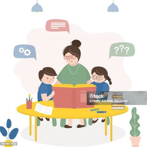교사는 학생들에게 책을 읽어줍니다 유치원 교사는 어린 아이들과 함께 교과서를 공부합니다 교육 과정 사람들은 테이블에 앉아