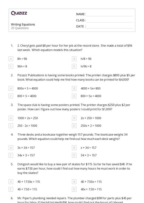 50 writing equations worksheets for 7th grade on quizizz free