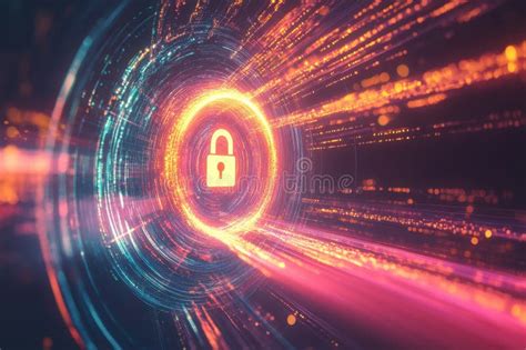 Abstract Digital Tunnel With Glowing Lock Symbol Representing Cybersecurity And Data Protection