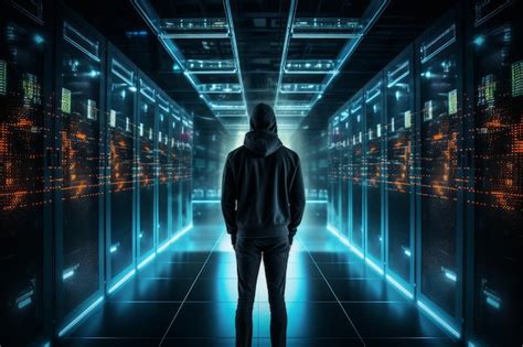 Premium Ai Image Hacker Standing Among Illuminated Servers