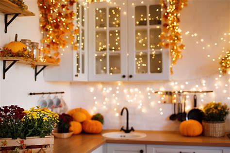 가을 부엌 인테리어 붉은색과 노란 잎과 꽃의 꽃 화병과 호박 가을에 대한 스톡 사진 및 기타 이미지 가을 부엌 0명 Istock