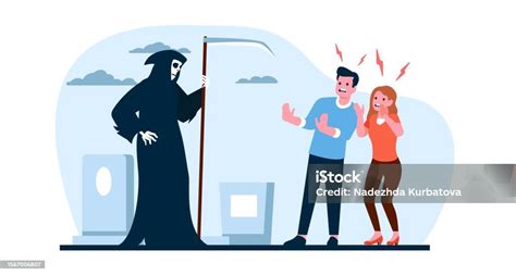 죽음의 공포증 사람들은 두려워합니다 겁에 질린 남자와 여자 옆에 낫을 든 망토를 입은 무서운 사신 묘지에 패닉에 빠진 부부