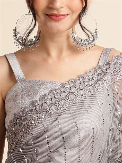 Grey Embellished Lycra Designer Party Wear Saree With Blouse Piece