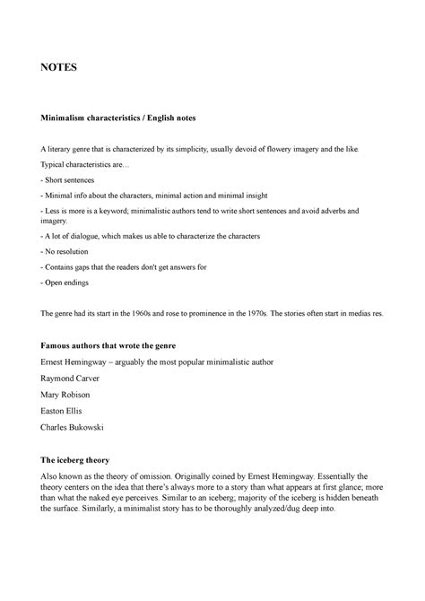 Literary Genre Minimalism English Lecture Notes 2012 Notes
