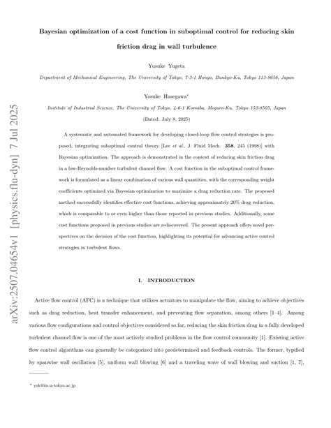 Pdf Bayesian Optimization Of A Cost Function In Suboptimal Control For Reducing Skin Friction