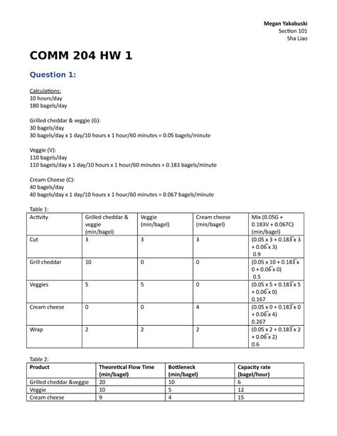 COMM 204 HW 1 Ass Section 101 Sha Liao COMM 204 HW 1 Question 1 Calculations 10 Hours Day