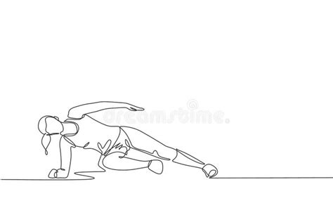 One Single Line Drawing Of Young Energetic Woman Exercise Side Plank Pose In Gym Fitness Center
