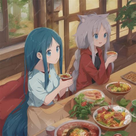 Una Ilustración De Dibujos Animados De Dos Chicas Anime Comiendo