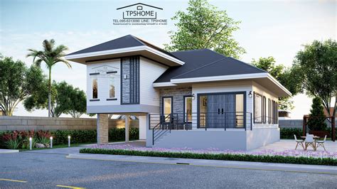 แบบบ้านชั้นครึ่งยกใต้ถุนสูง หลังคาทรงปั้นหยา 4 ห้องนอน 2 ห้องน้ำ สไตล์