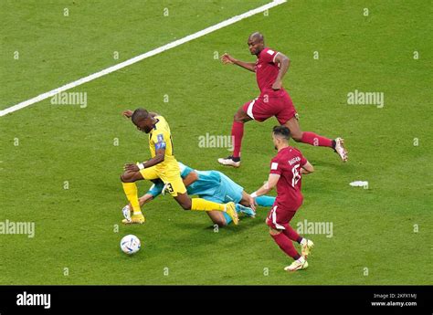 Ecuadors Enner Valencia Is Is Brought Down By Qatar Goalkeeper Saad Al